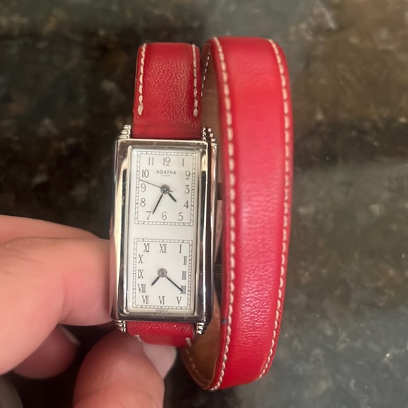 agatha | Accessories | Agatha Double Face Tank Silver Watch Red Leather ...